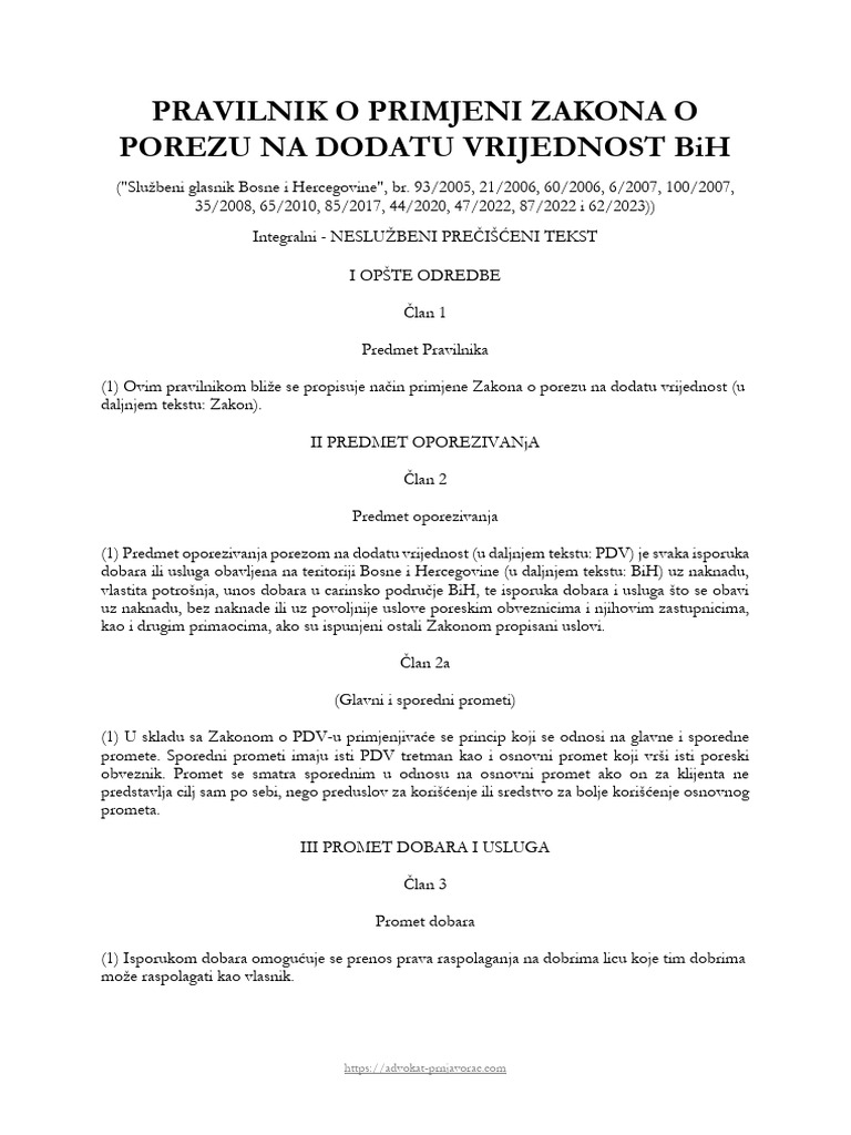 Pravilnik o Primjeni Zakona o PDV U BiH | PDF