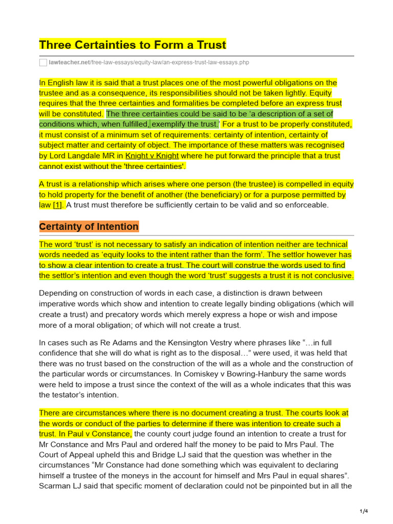 Three Certainties To Form A Trust | PDF | English Trust Law | Legal ...