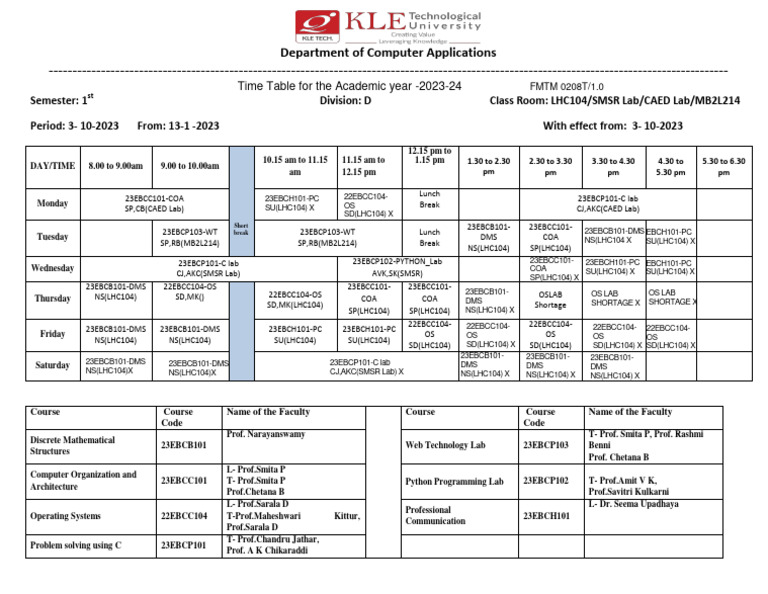 BCA 1st Sem 2023-24 - D Div ORIGINAL TIMETABLE | PDF | Computing