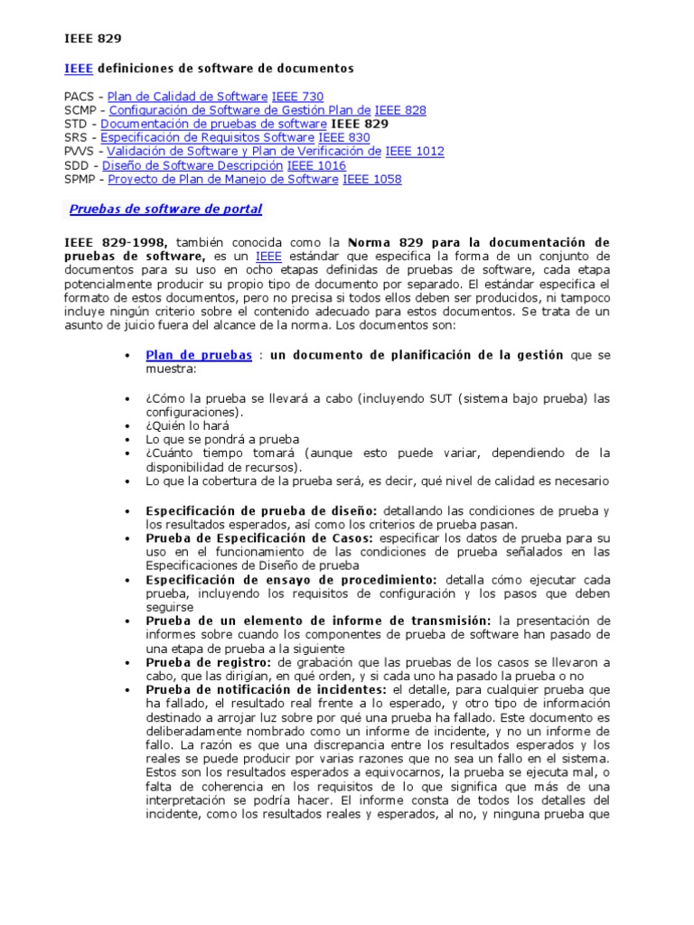 Ieee 829 | PDF | Proceso de desarrollo de software | Software