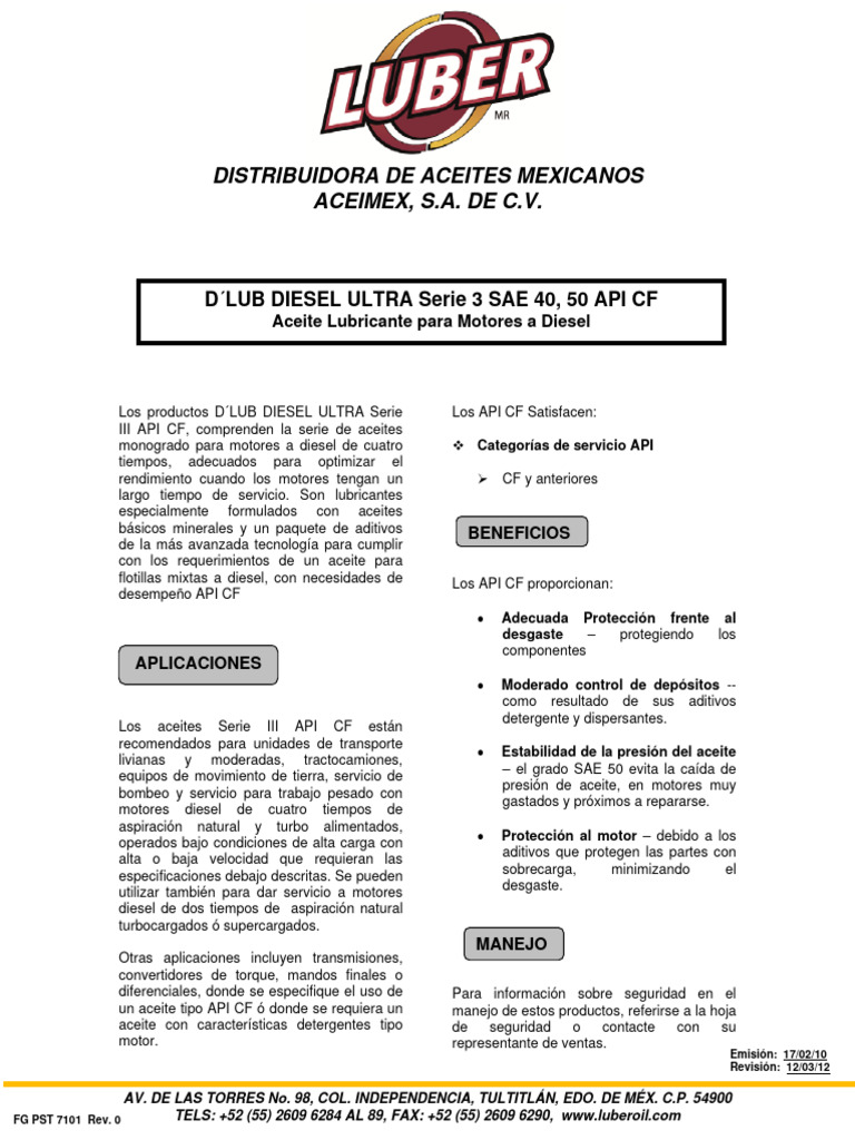 D' Lub Diesel Ultra Serie III Sae 40, 50 API CF | PDF | Lubricante | Motor diesel