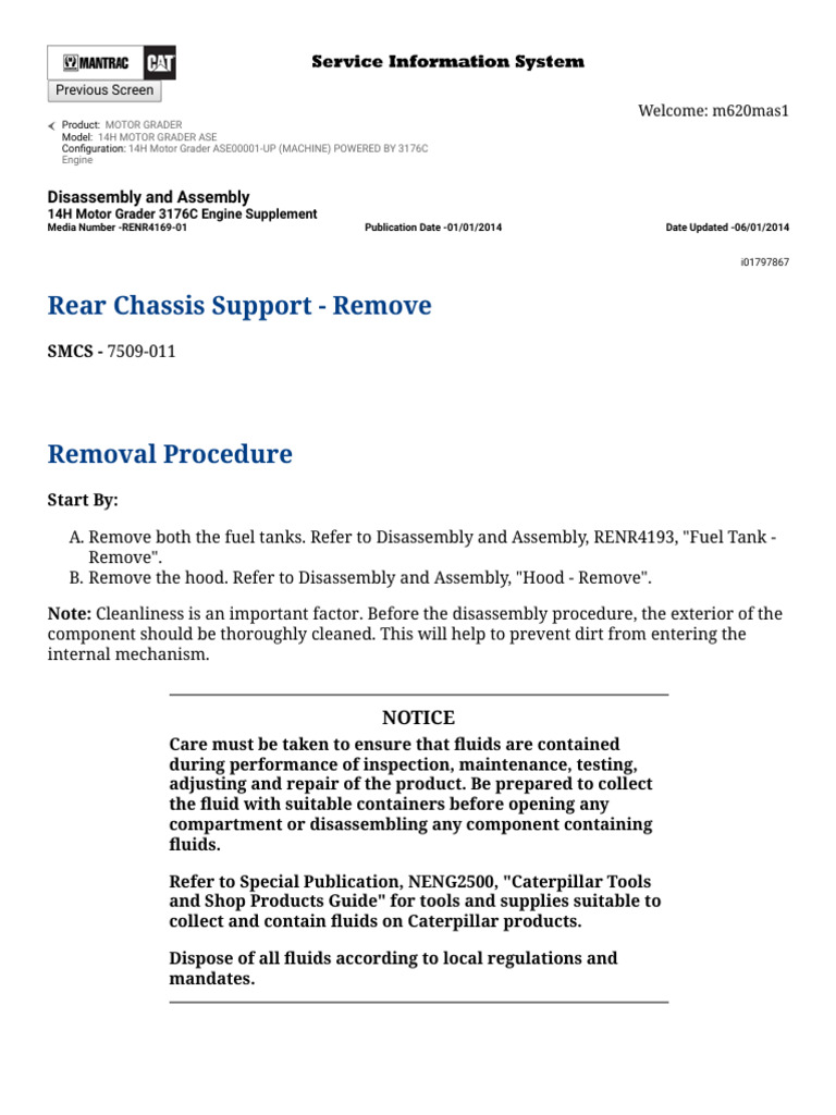 14H Motor Grader Rear Chassis Support Remove | PDF | Engines ...