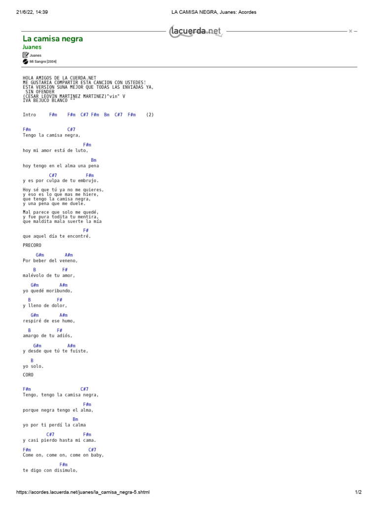 LA CAMISA NEGRA, Juanes - Acordes | PDF