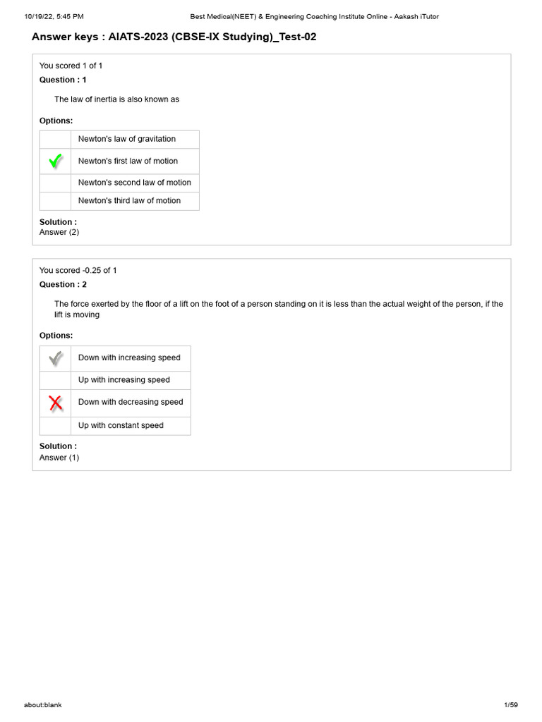 AIATS 02 Question Paper | PDF | Mass | Force