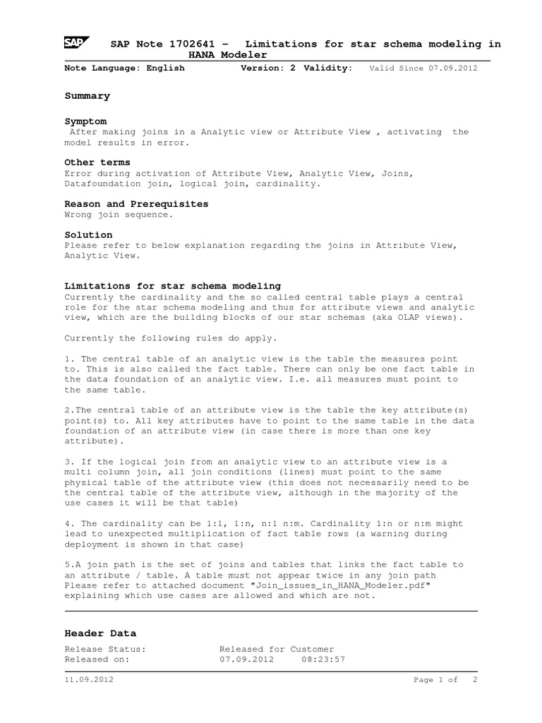 Note 1702641 Limitations For Star Schema Modeling in Hana Modeler | PDF ...