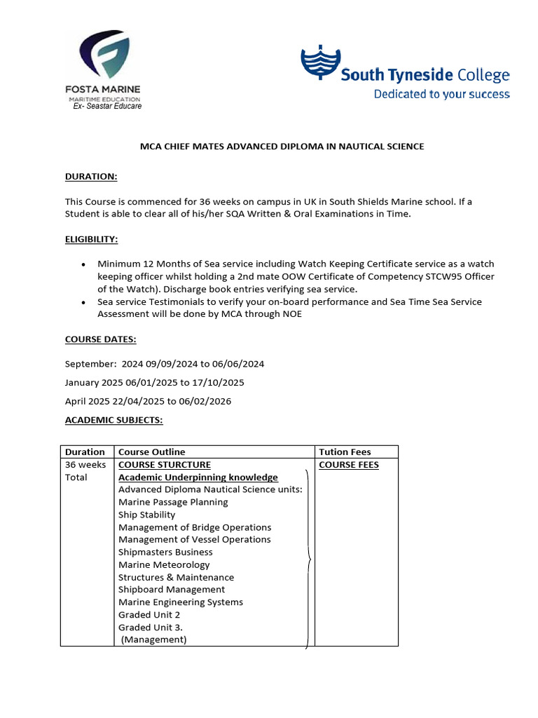 MCA Chief Mate Course Details | PDF | Travel Visa | Banking