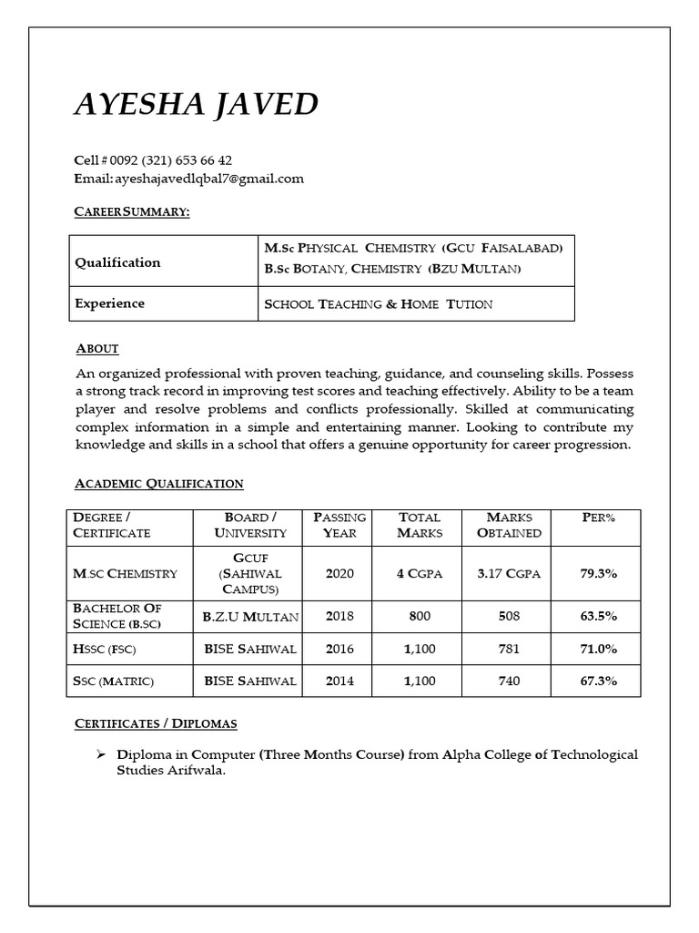 Ayesha CV | PDF | Teachers | Curriculum