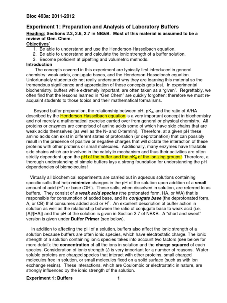 Experiment 1: Preparation and Analysis of Laboratory Buffers | PDF ...
