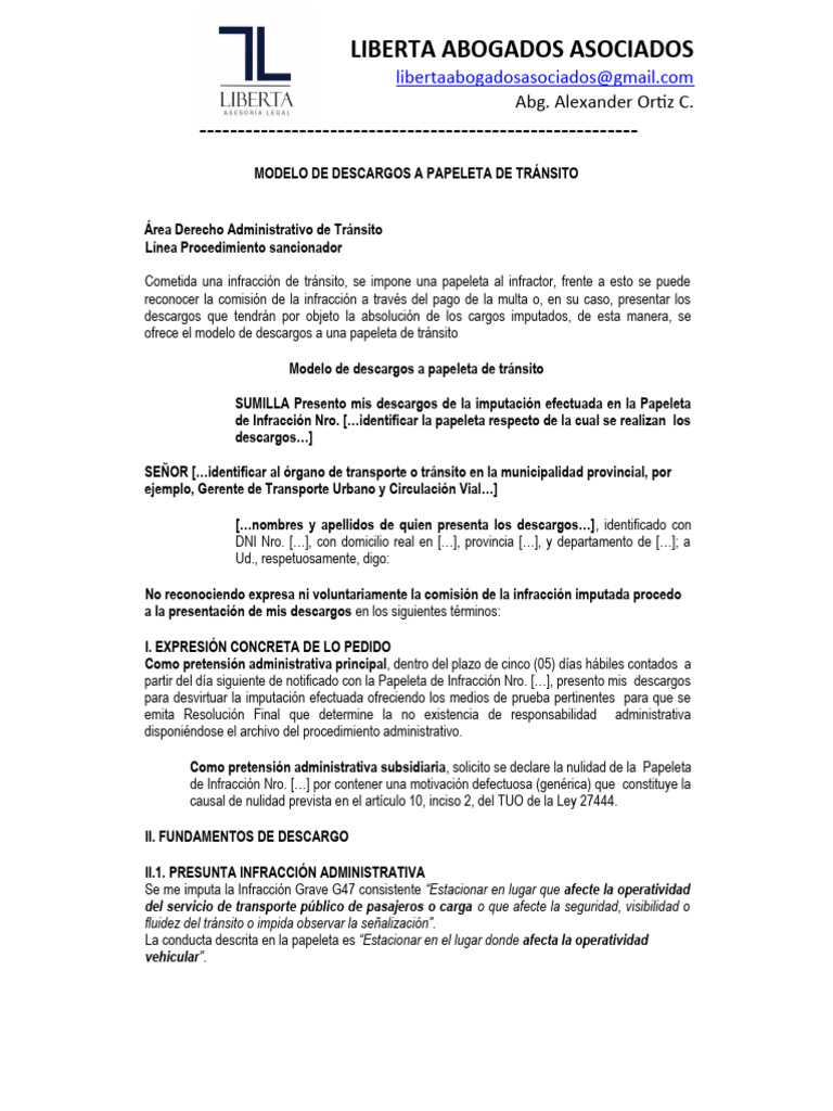 Modelo Descargos A Papeleta de Tránsito - Autor José María Pacori Cari ...