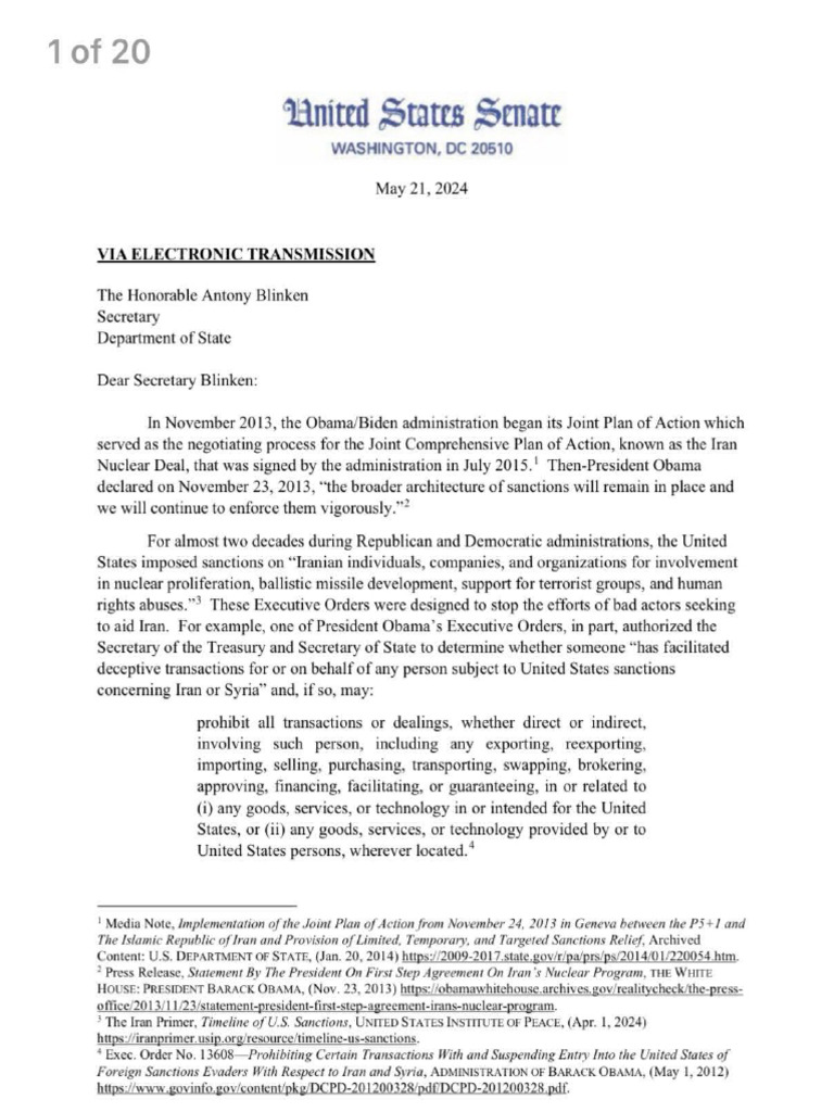 Letter To Tony Blinken From Chuck Grassley and Ron Johnson | PDF