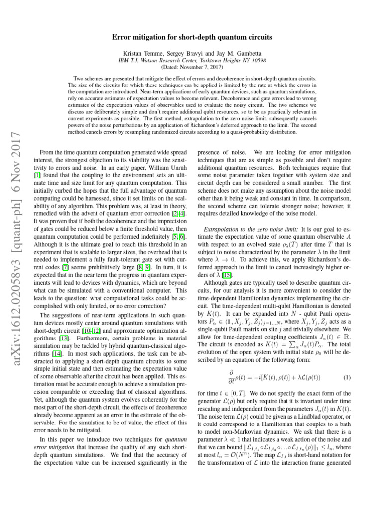Error Mitigation For Short-Depth Quantum Circuits | PDF | Quantum Computing | Physics