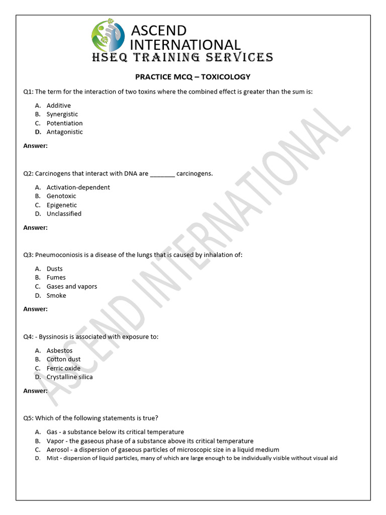 Practice MCQ - TOXICOLOGY - Questions | PDF | Nickel | Benzene