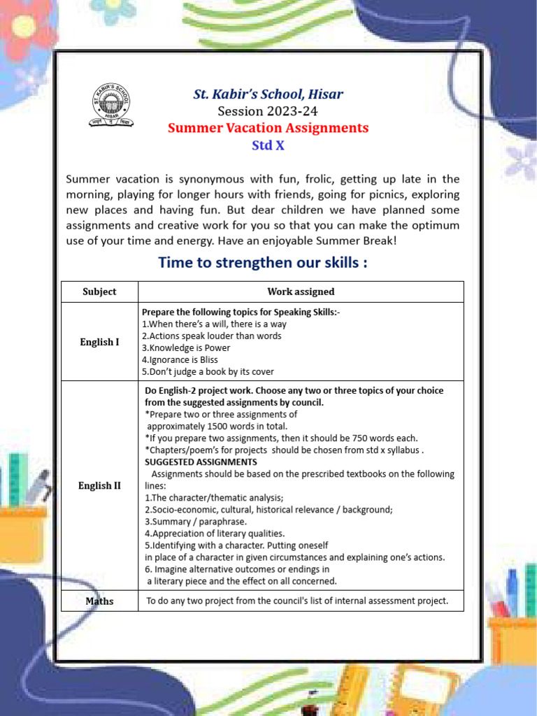 Class 10 Summer Vacation Assignments | PDF