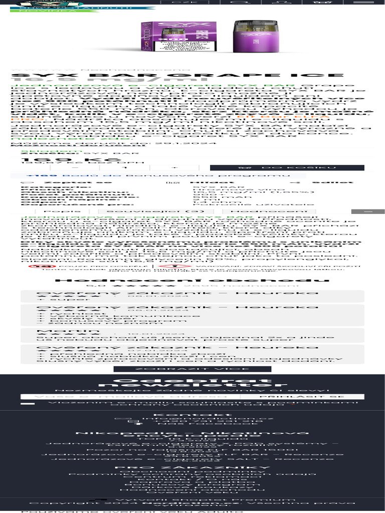 SYX BAR Grape Ice - Jednorázová E-Cigareta Na 900+ Potahů | PDF