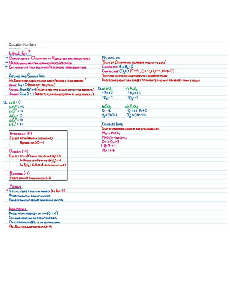 Oxidation Numbers Notes | PDF