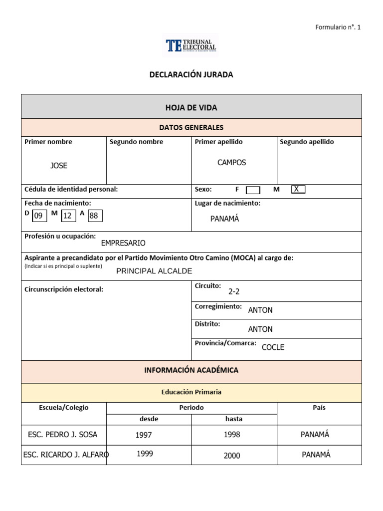 03 - TE - Formulario - Hoja de Vida | PDF | Panamá | Universidad