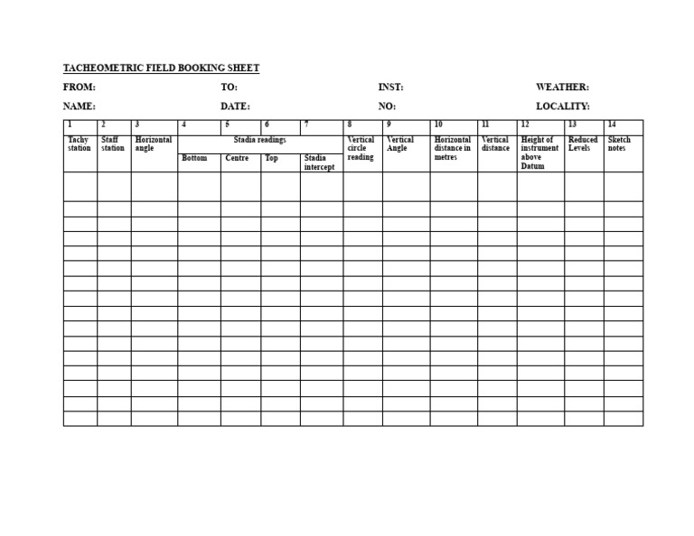 Tacheometric Field Booking Sheet | PDF