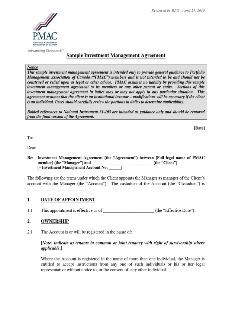 PMAC Investment Management Agreement Sample Institutional Client Final ...