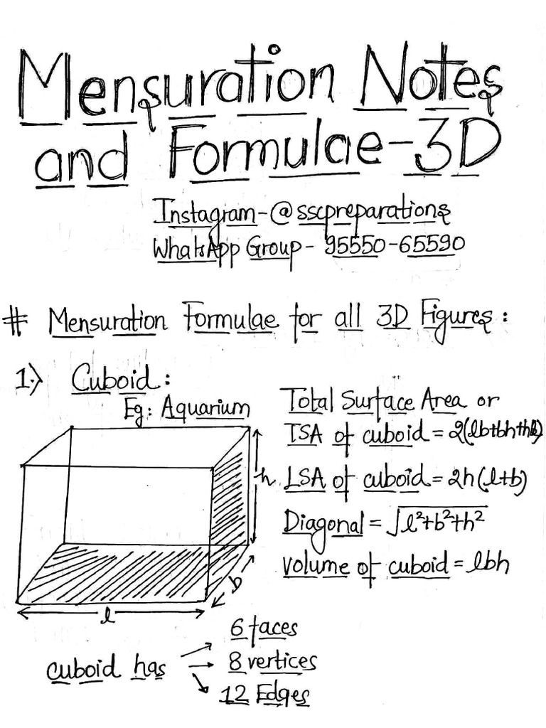 Mensuration Formulae - 3D Figures | PDF