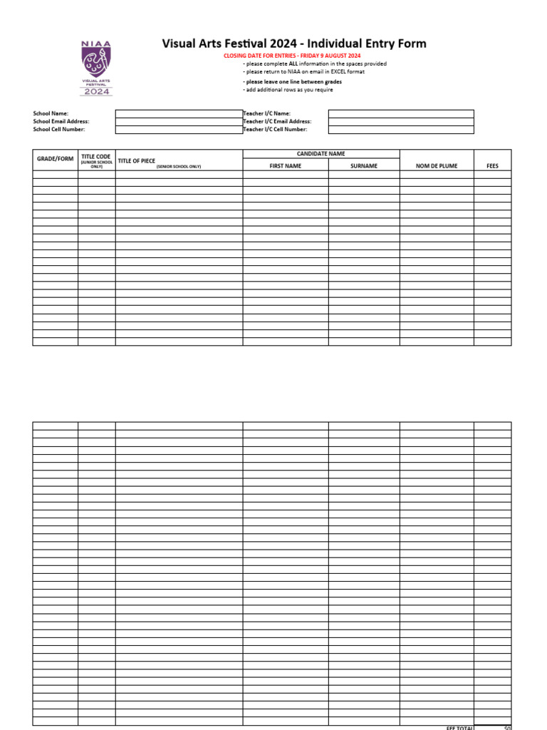 Visual Art 2024 Excel Entry Form | PDF