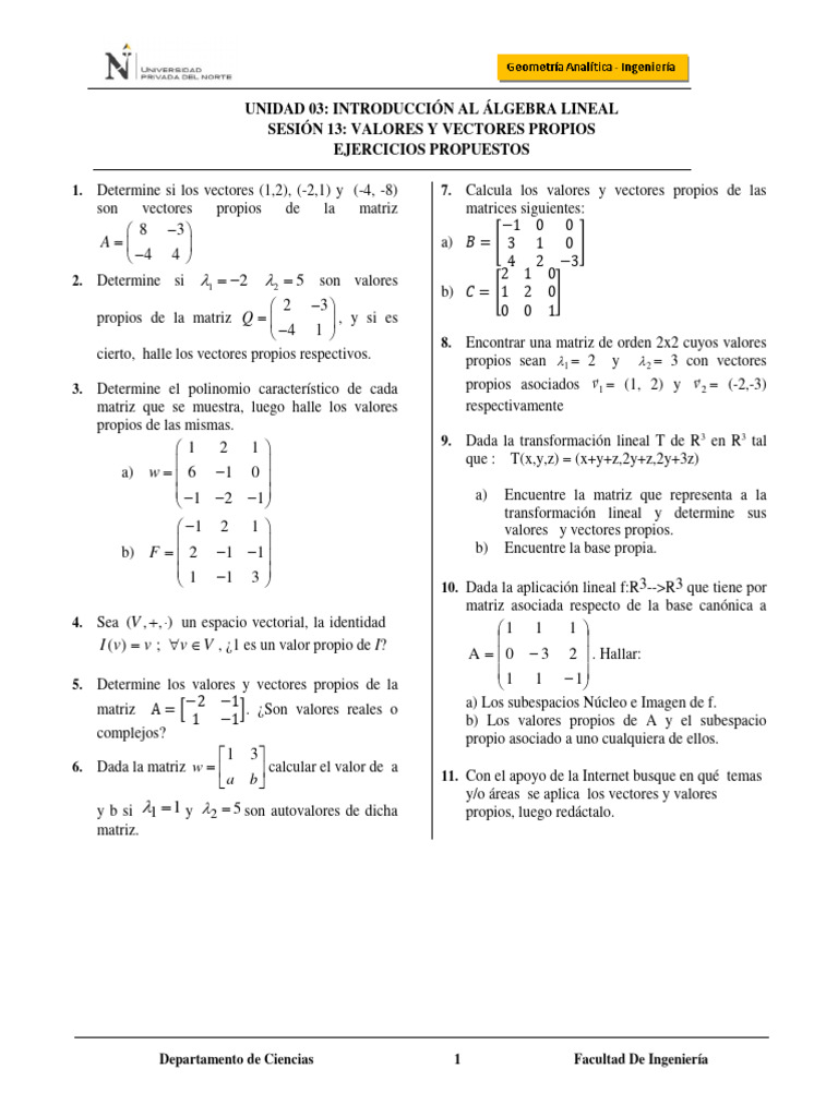 Hoja de Trabajo - Valores y Vectores Propios | PDF | Valores propios y vectores propios | Matriz ...