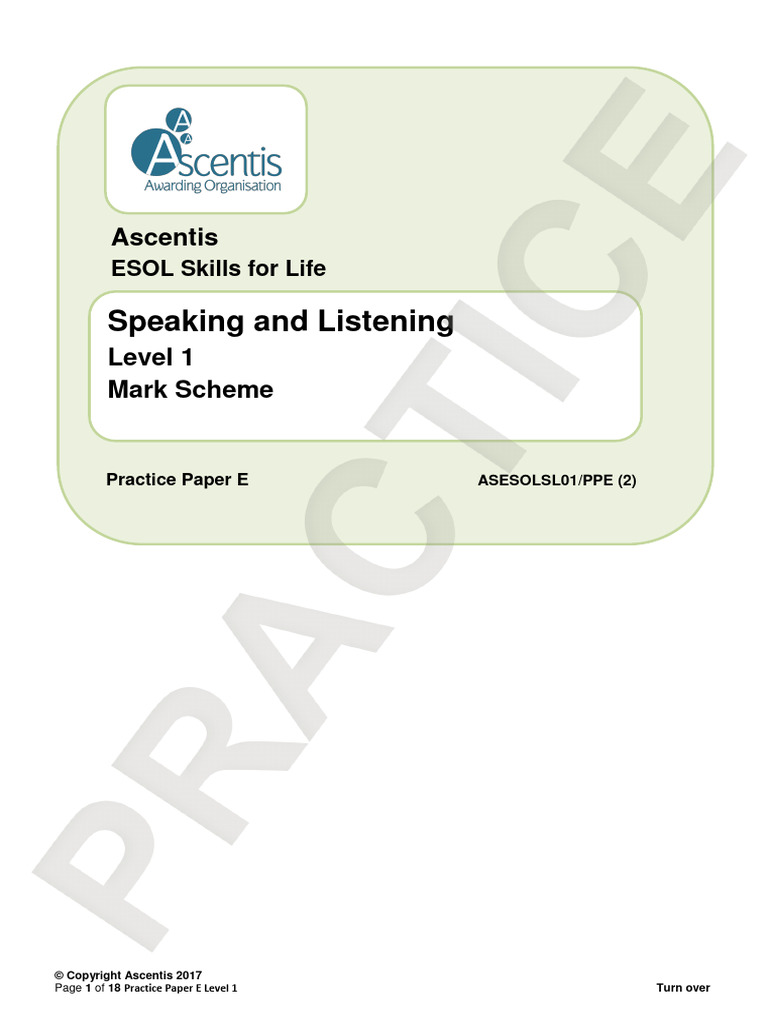 L1 ESOL Speaking & Listening Mark Scheme PPE | PDF | Stress ...