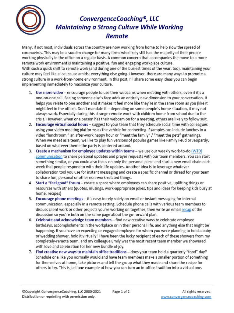 Maintaining A Strong Culture While Working Remote Article | PDF | Human ...