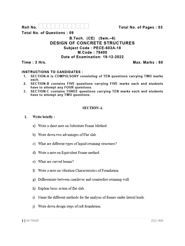 Btech Ce 6 Sem Design of Concrete Structures 79400 Dec 2022 | PDF ... Btech Ce 6 Sem Design of Concrete Structures 79400 Dec 2022 | PDF ...