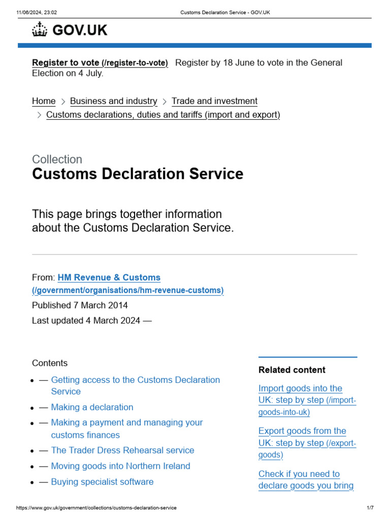 Customs Declaration Service - GOV - UK | PDF | Customs | Exports