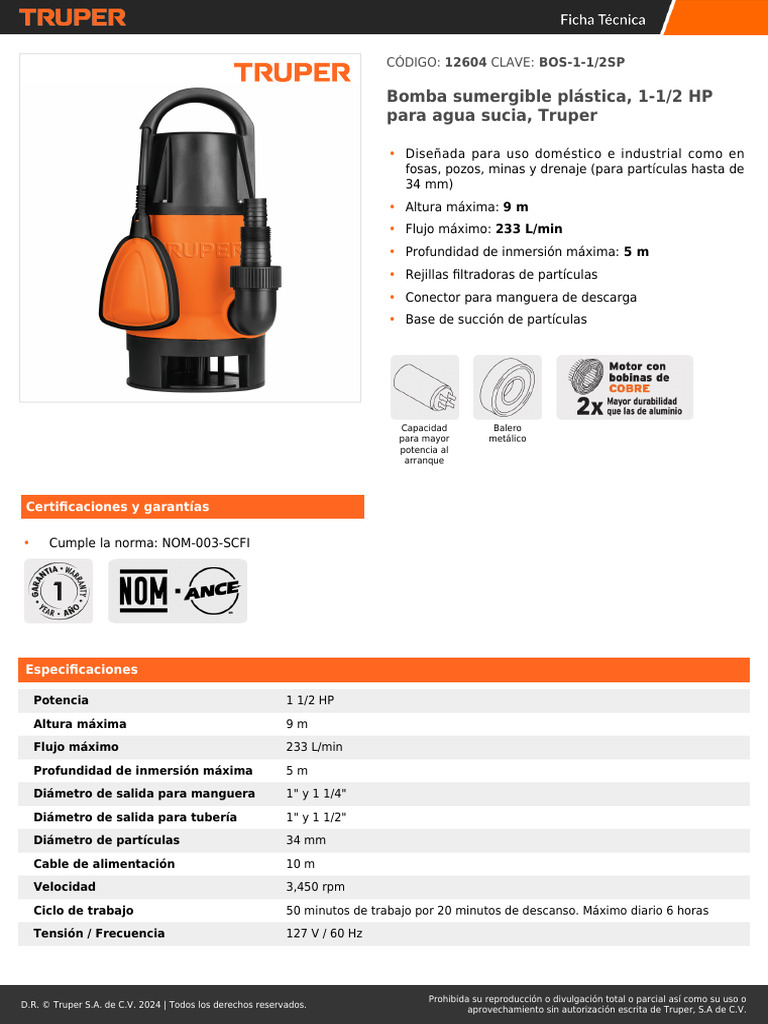 Bomba Sumergible Plástica, 1-1/2 HP para Agua Sucia, Truper: CÓDIGO ...