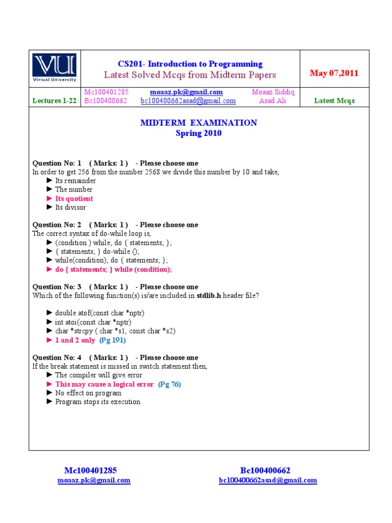 CS201 - Midterm Solved Mcqs With References by Moaaz and Asad | PDF | C (Programming Language ...
