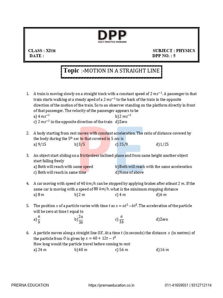 Motion in 1D DPP 5 Min | PDF | Acceleration | Velocity
