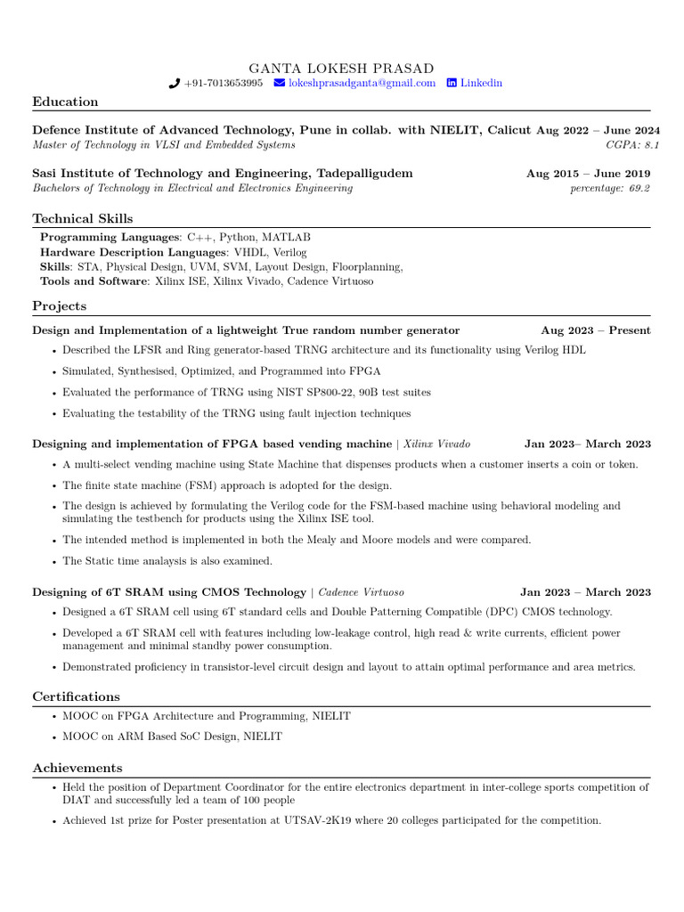 Lokesh CV MTech VLSI DIAT PDF | PDF | Hardware Description Language | Field Programmable Gate Array