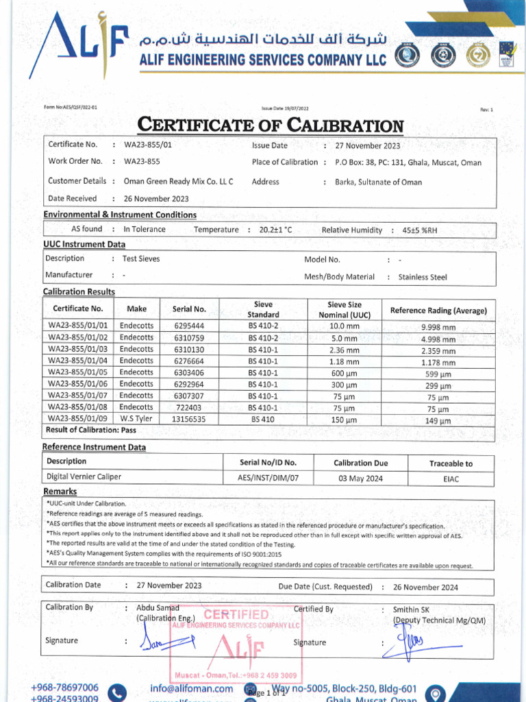 Cal. Cert.-Sieves,Flakiness & Elongation Gauge(Alif Engg. | PDF ...