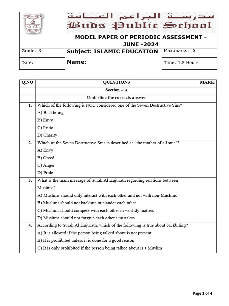 Model Paper G9 Fa1 2024 Download Free Pdf Quran Islam