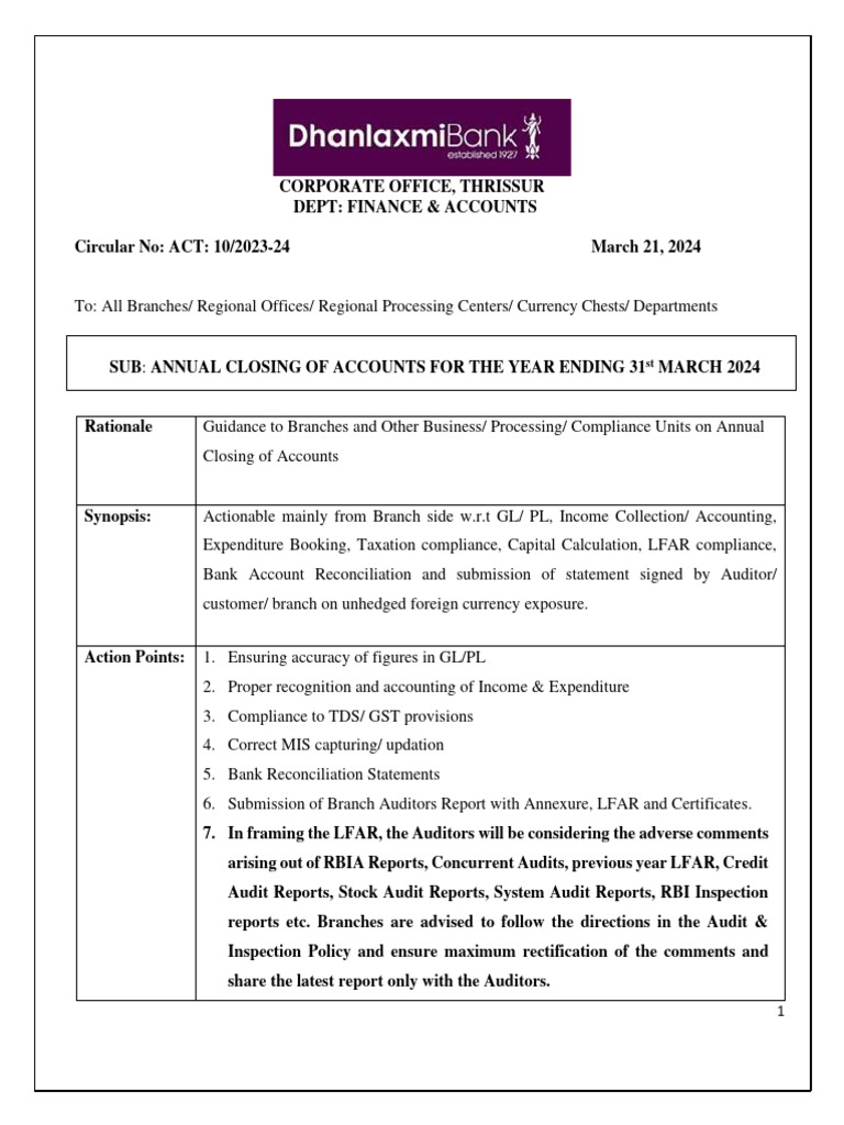 Annual Closing Circular-FY Ending 31.03.2024 | PDF | Audit | Hedge ...