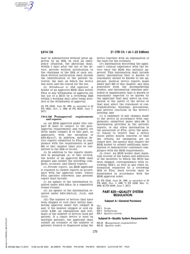 CFR 2023 Title21 Vol8 Part820 | PDF | Verification And Validation | Quality Management System