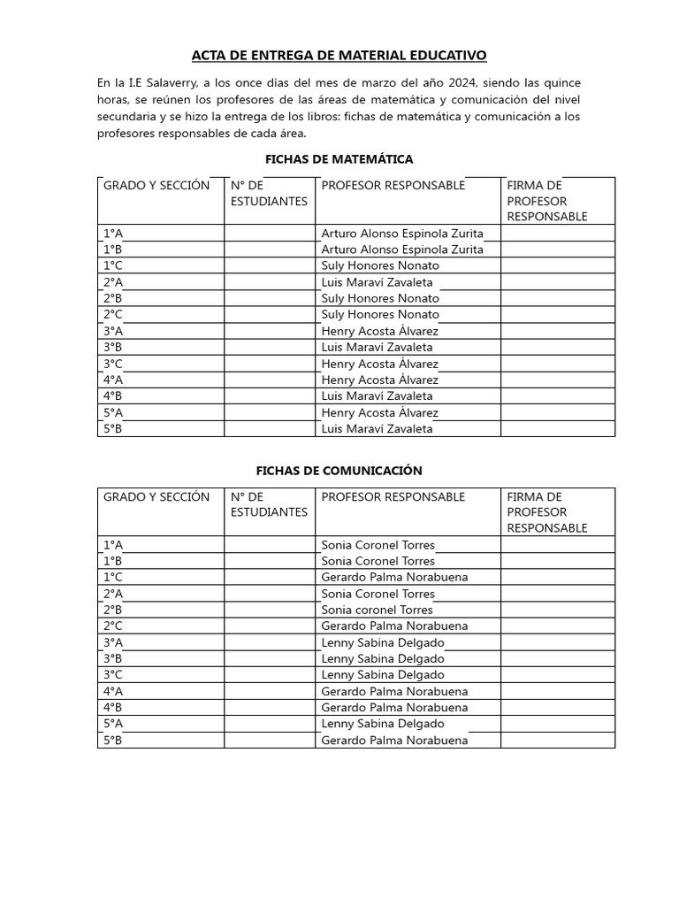 ACTA DE ENTREGA DE MATERIAL EDUCATIVO | PDF