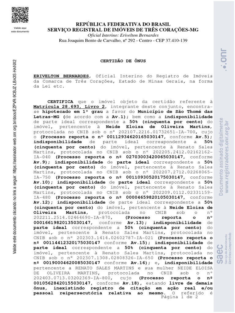 Certidão de Ônus Imobiliários - Três Corações | PDF