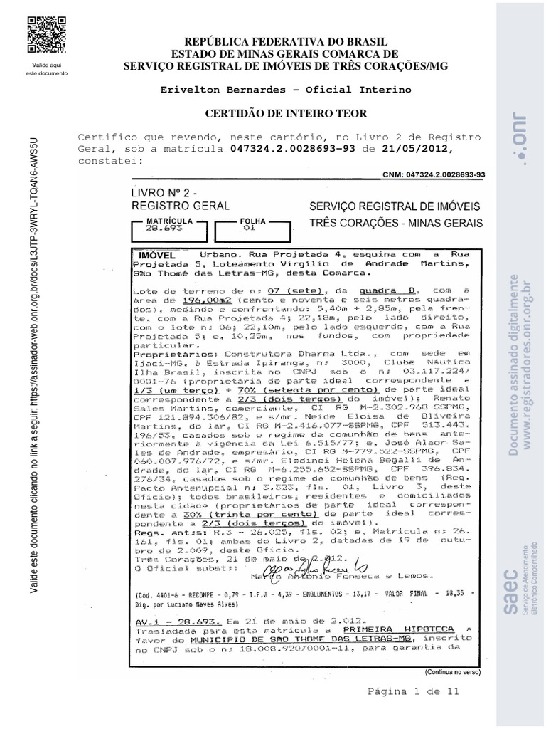 Certidao de Inteiro Teor Imovel Expedida Cri Tcs Matricula 28.693 Lote STL 21.03.2024 Prot | PDF