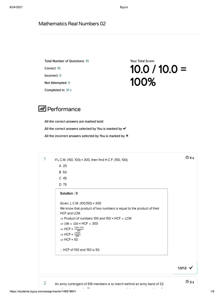 Byjus Test 2 CH 1 MCQ | PDF | Numbers | Rational Number