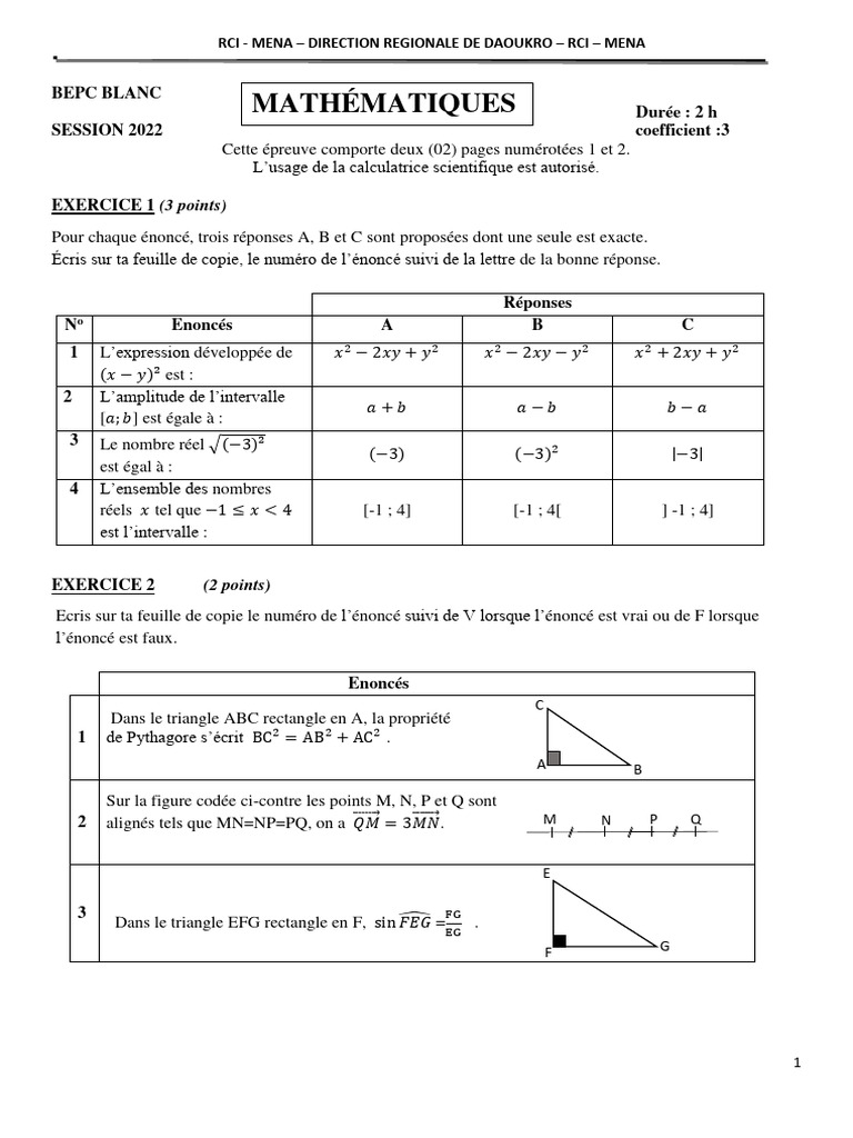 Sujet BEPC Mathématiques 2022 | PDF | Nombre réel | Mathématiques