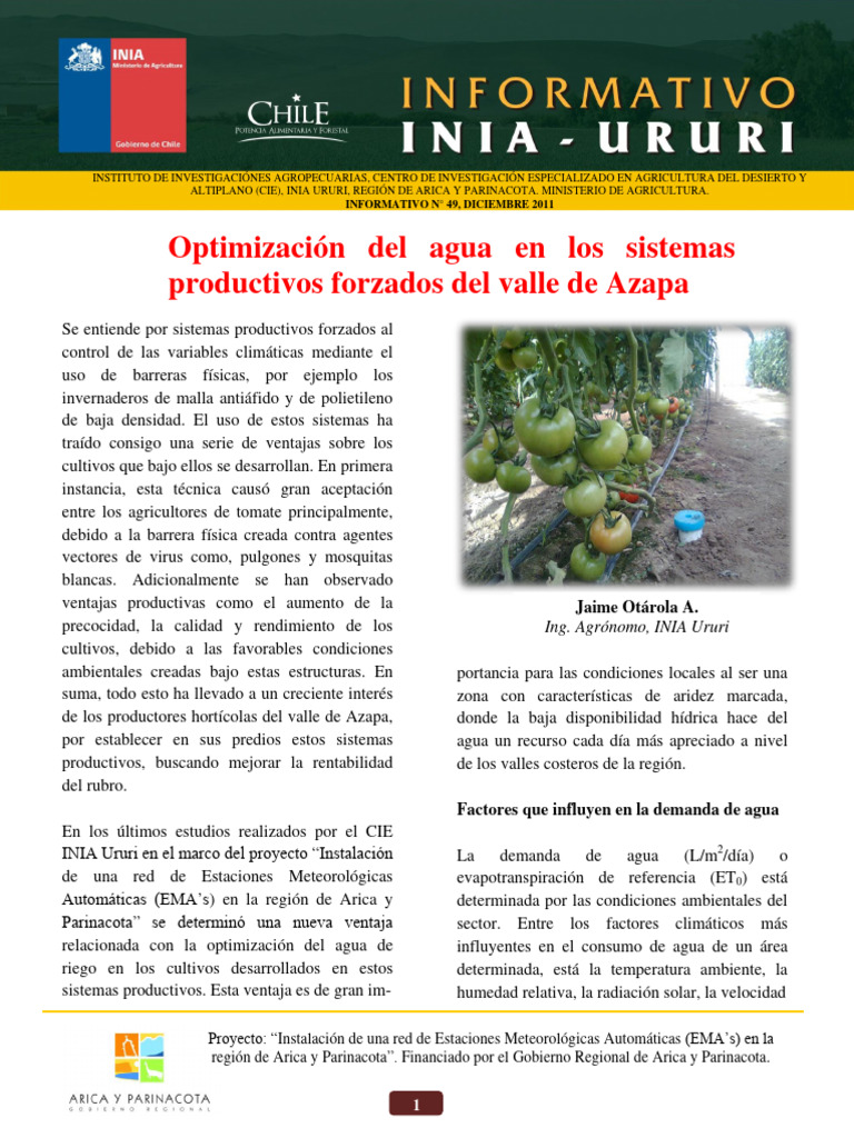 Optimización Del Agua en Los Sistemas Productivos Forzados Del Valle de Azapa - INIA | PDF ...