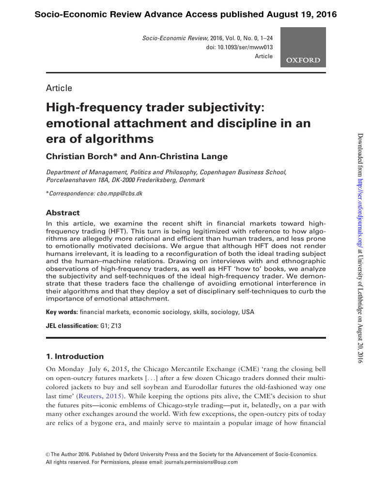 High-Frequency Trader Subjectivity Emotional Attachment and Discipline in An Era of Algorithms ...