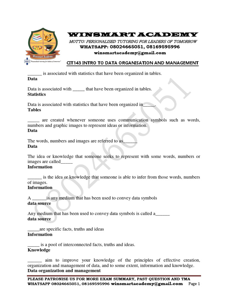 Cit143 Introduction To Data Organisation and Management Summary | PDF ...