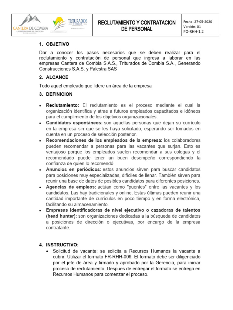 Procedimiento Reclutamiento y Contratación de Personal | PDF | Reclutamiento | Gestión de ...