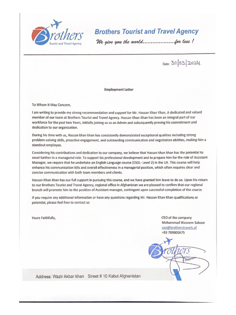 Hassan Work Experience Letter | PDF