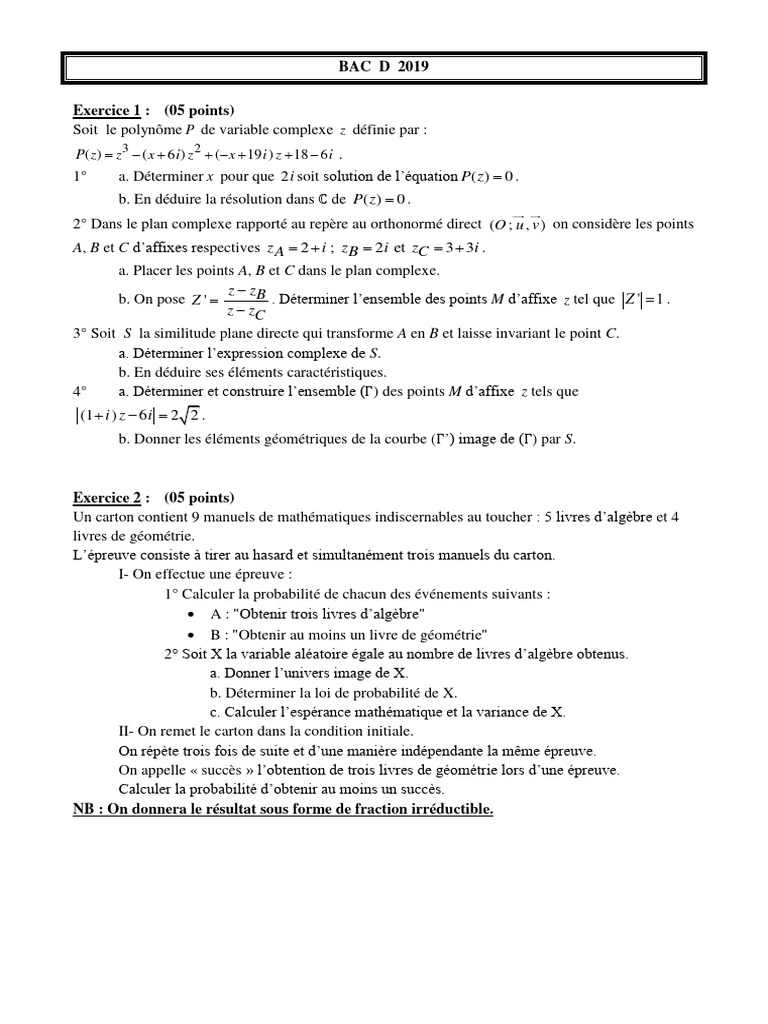 Bac D 2019 | PDF | Nombre complexe | Fonction (Mathématiques)