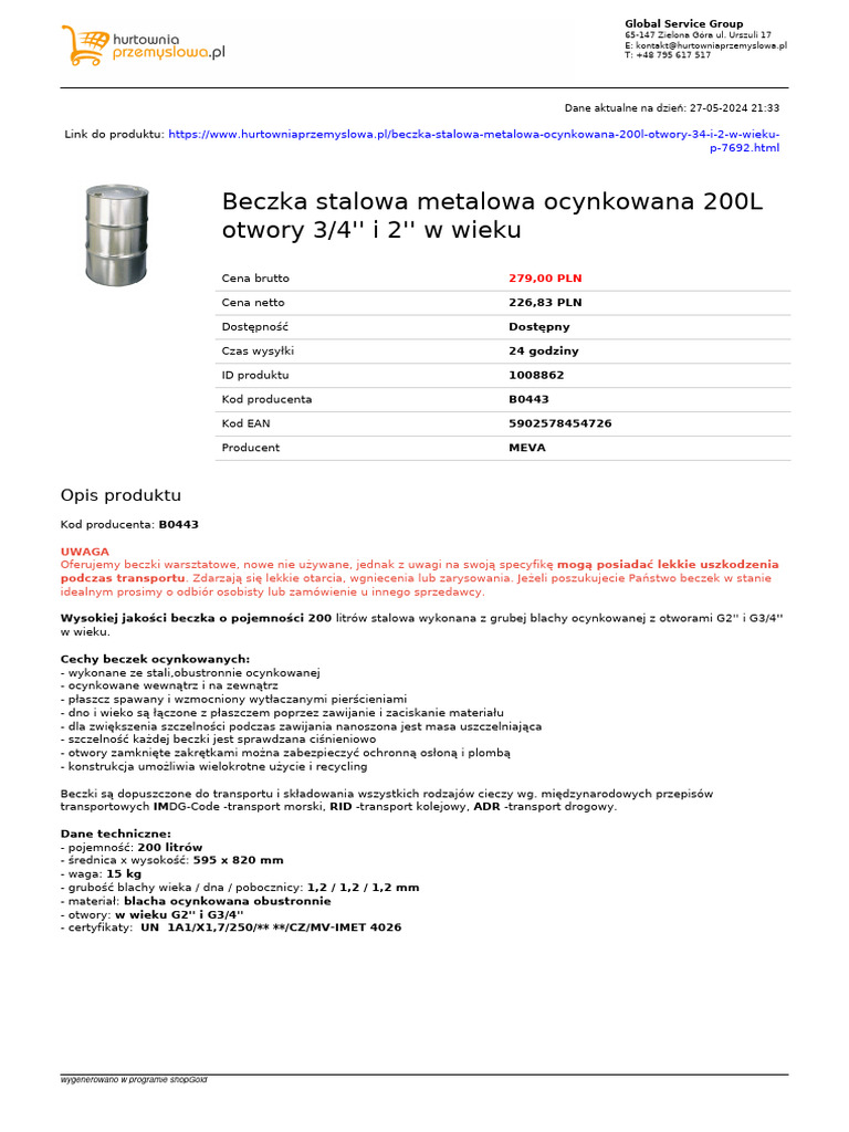 Beczka Stalowa Metalowa Ocynkowana 200l Otwory 34 I 2 W Wieku | PDF