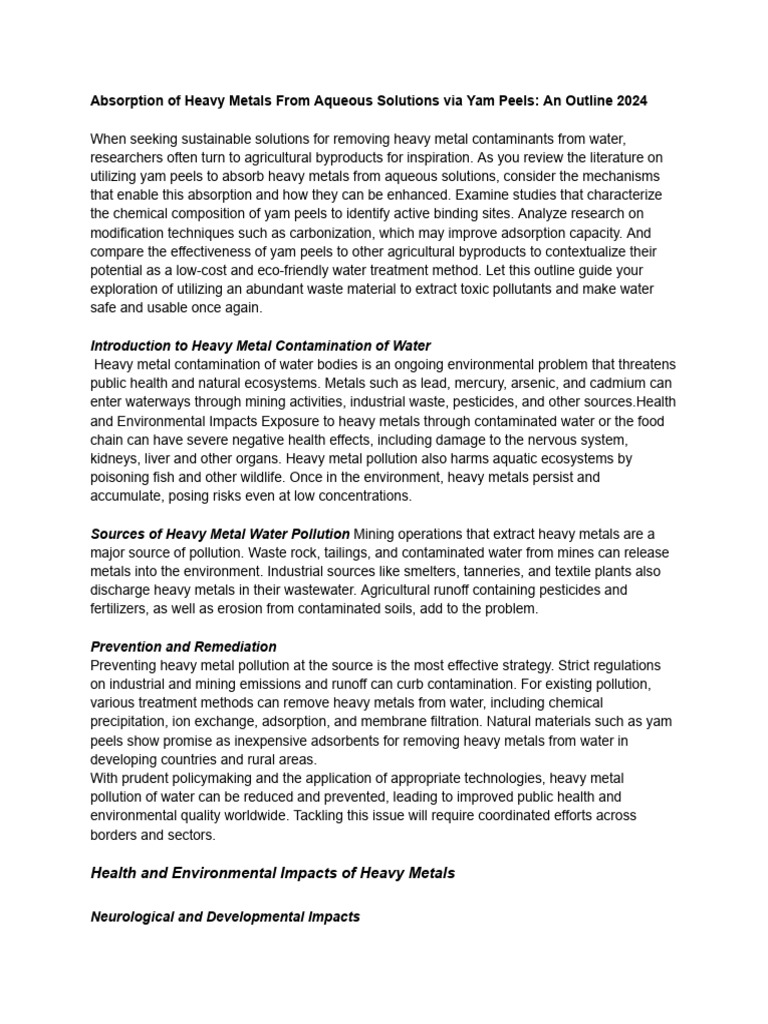 Absorption of Heavy Metals From Aqueous Solutions via Yam Peels ...